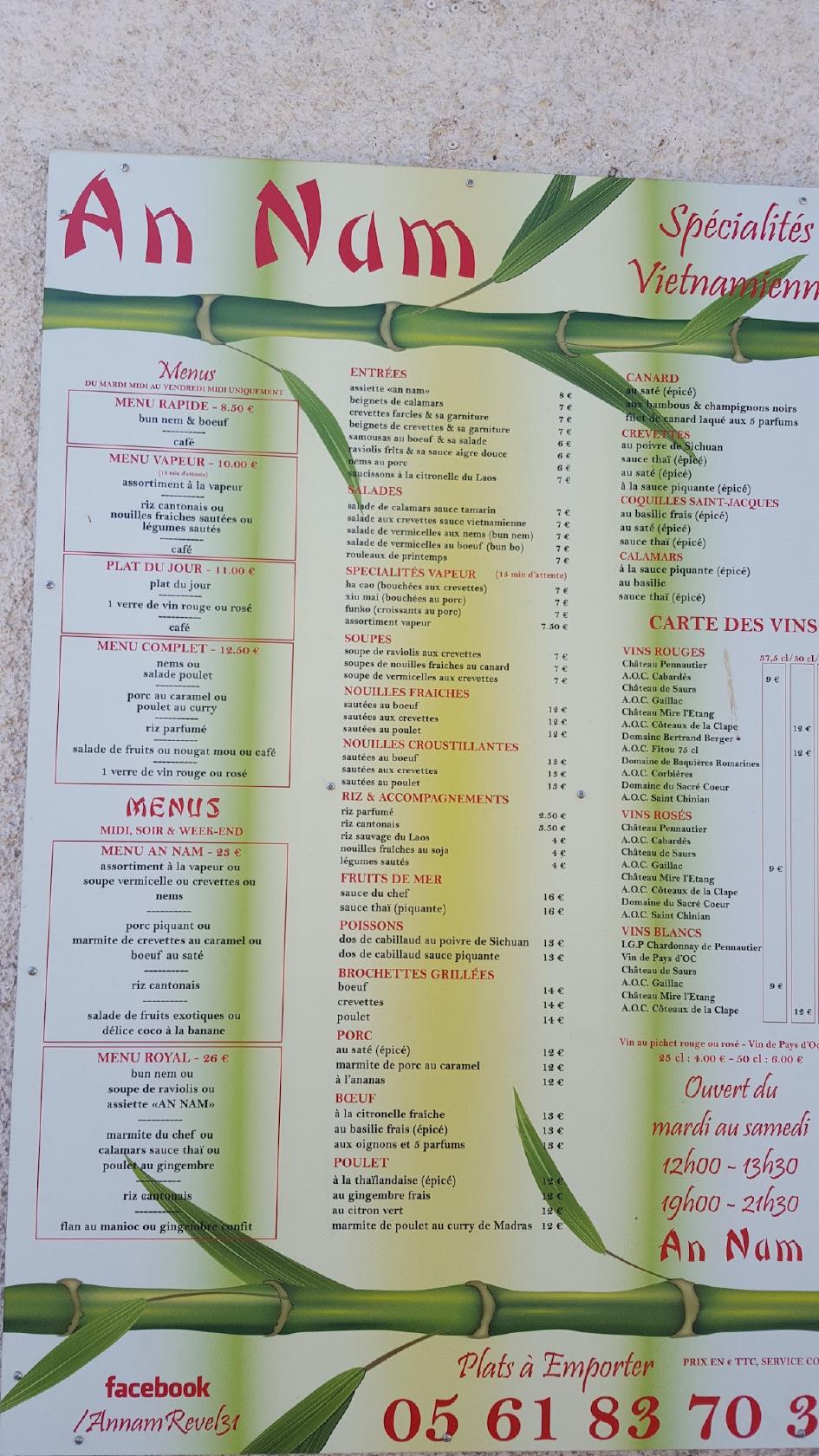 Menu at An Nam Restaurant Vietnamien Revel, Revel, 46 Bd de la République