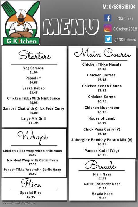 Menu at Barley Mow, Rugby