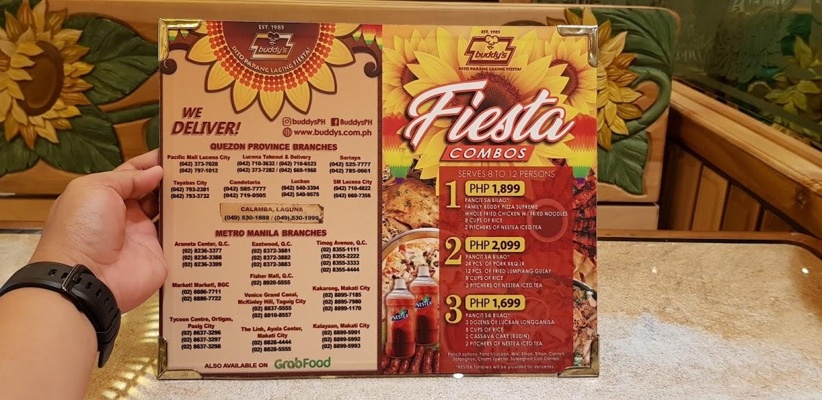 Menu at Buddy's restaurant, Calamba