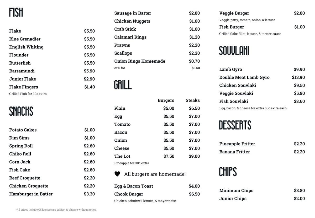 Menu at Central Fish & Chips fast food, Kilsyth