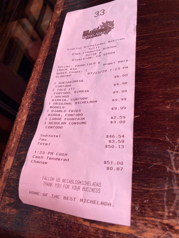Menu at Diablos Micheladas Mexican Grill restaurant, Jurupa Valley