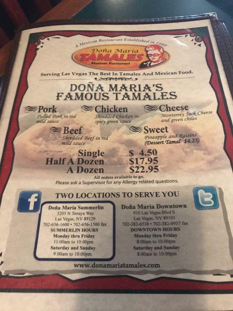 Menu at Dona Maria Tamales-Northwest restaurant, Las Vegas, N Tenaya Way