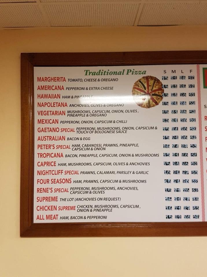 Menu at Rene's Pizzeria, Anula
