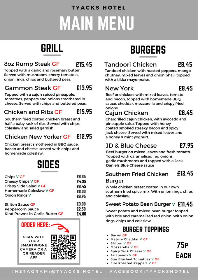 Menu at Tyacks Hotel pub & bar, Camborne, 27 Commercial St
