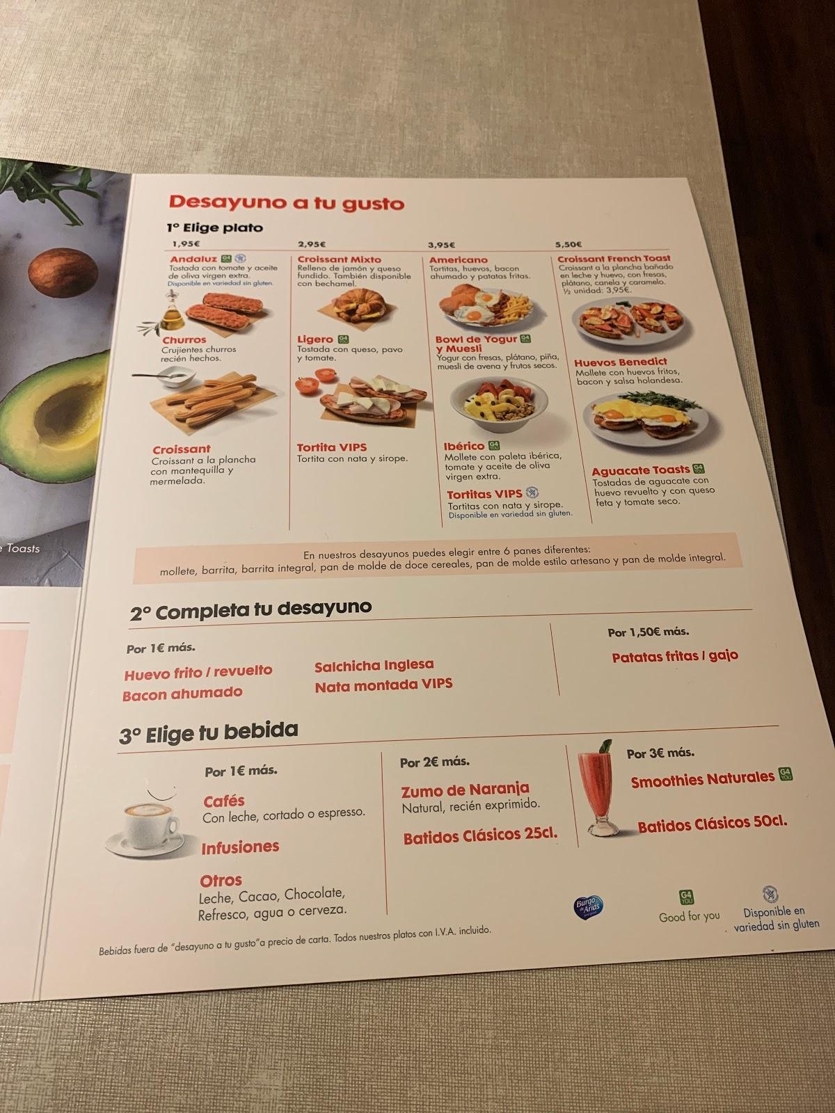 Carta de cafetería VIPS, Sevilla, Avenida República Argentina
