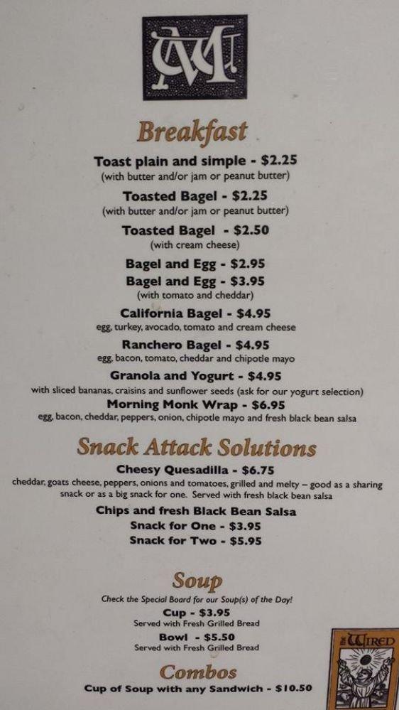 Menu at Wired Monk cafe, Halifax