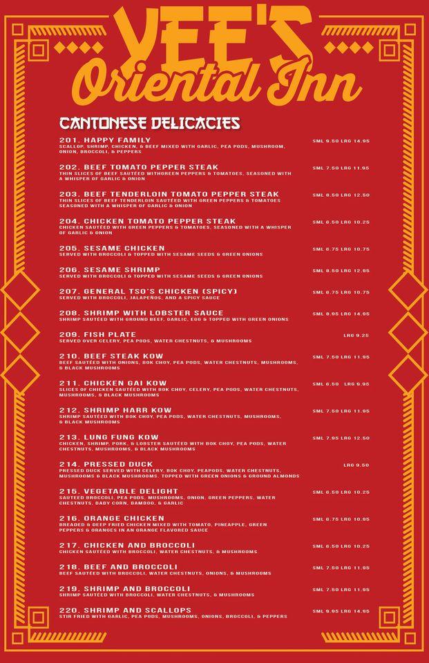Menu at Yee's Oriental Inn restaurant, Kenosha