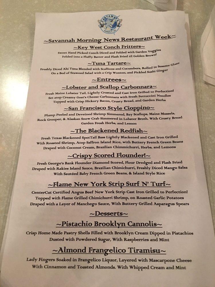 Menu at Castaways restaurant, Savannah, Skidaway Rd