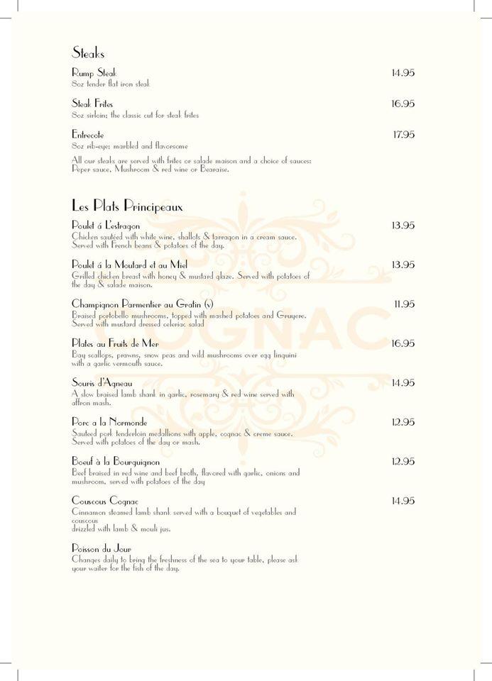 Menu at Cognac Restaurant, Hull