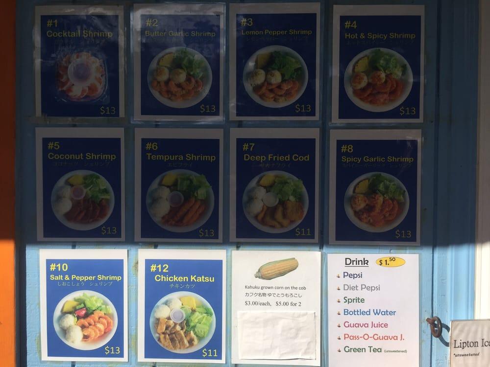 Menu at Fumi's Kahuku Shrimp restaurant, Kahuku, 56-777 Kamehameha Hwy