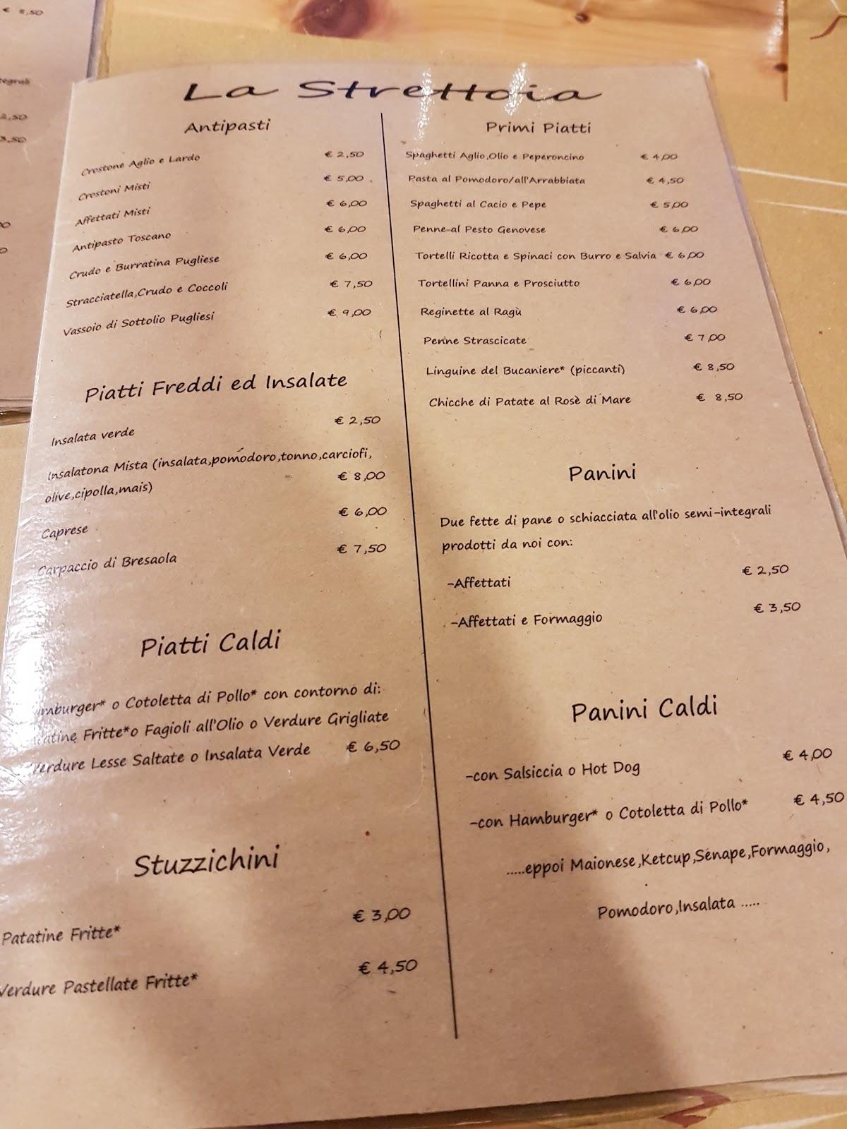 Menu at La Strettoia pizzeria, Ginestra Fiorentina, Via Chiantigiana