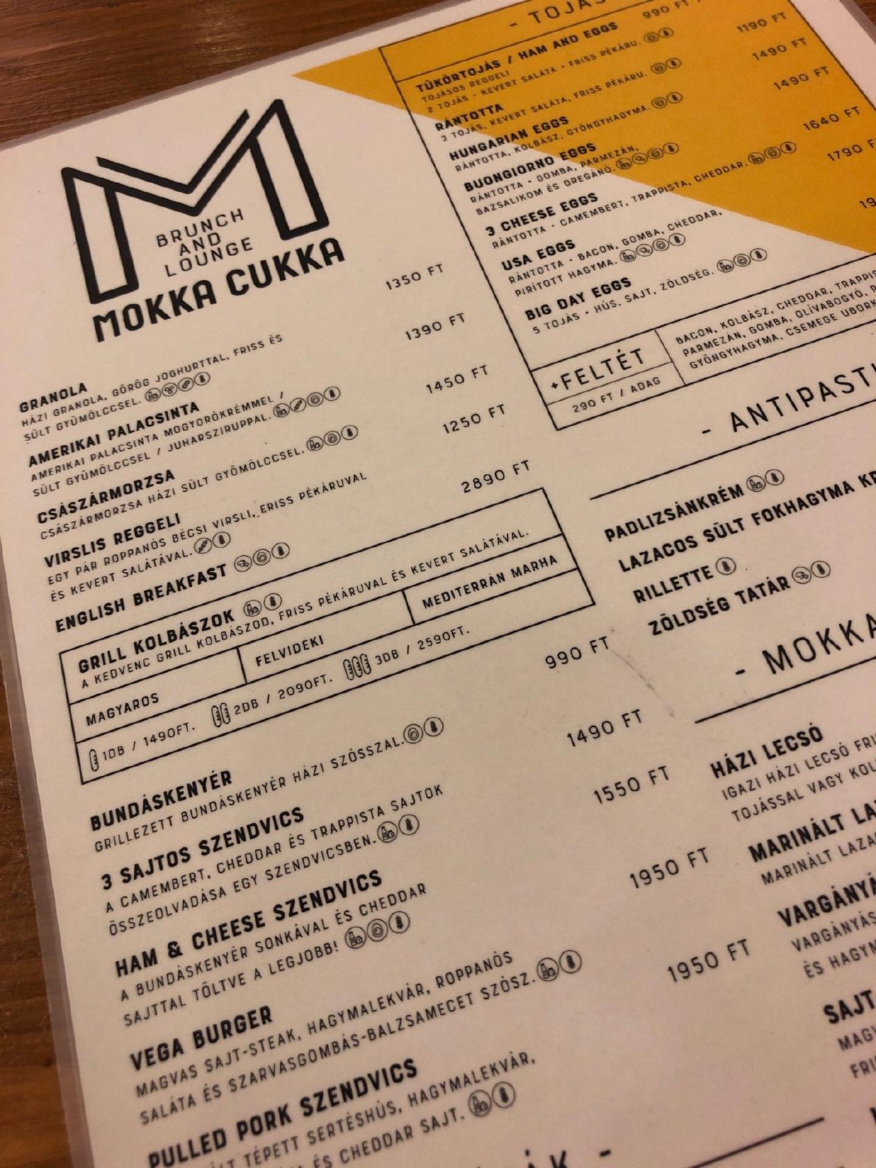 Menu at Mokka Cukka restaurant, Budapest