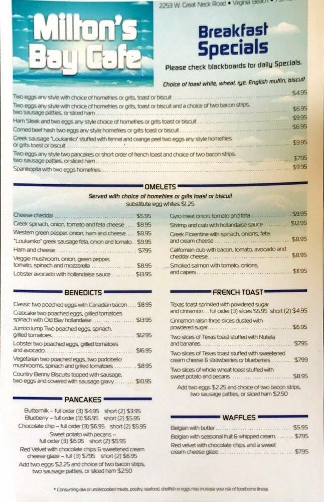 Menu at Milton's Bay Cafe, Virginia Beach
