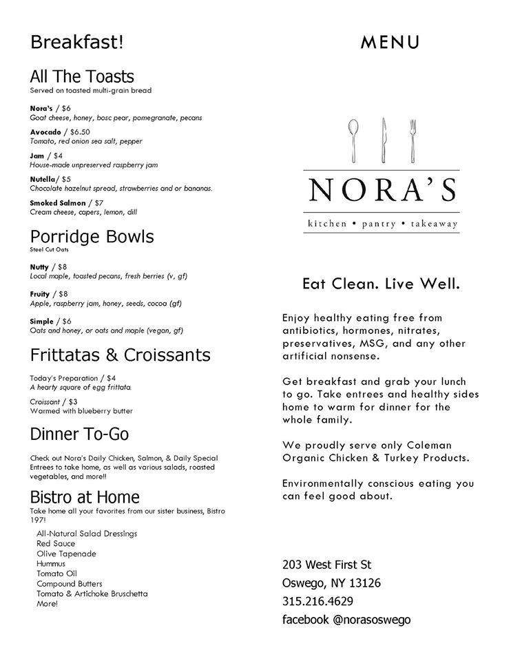 Menu at Nora's restaurant, Oswego