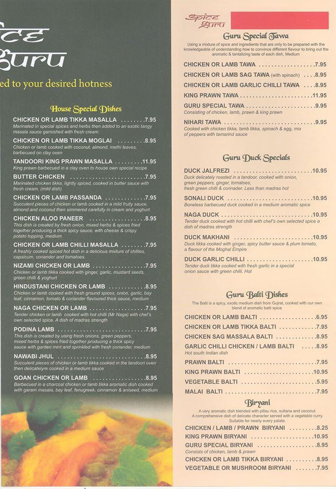 Menu at Spice Guru restaurant, Wadebridge