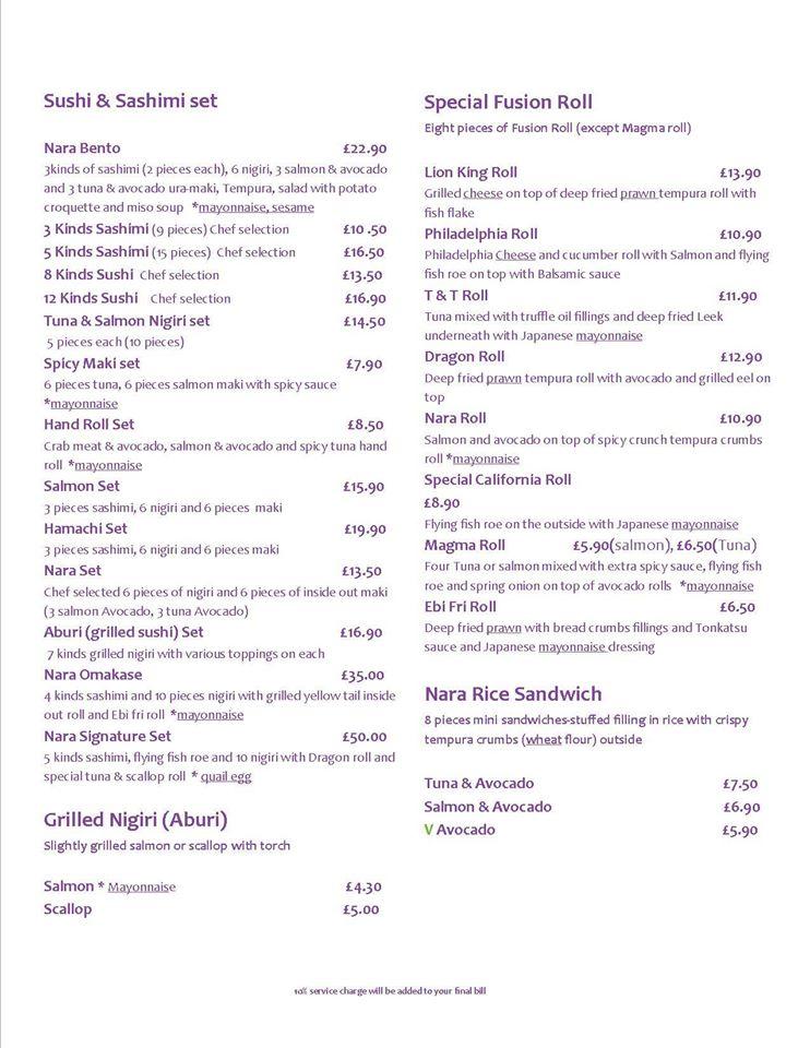 Menu at Sushi Nara restaurant, Guildford