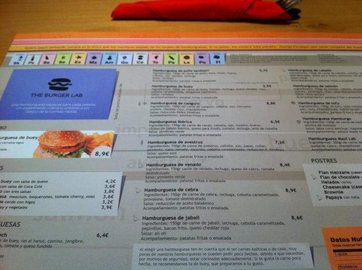 Menu at The Burger Lab restaurant, Madrid