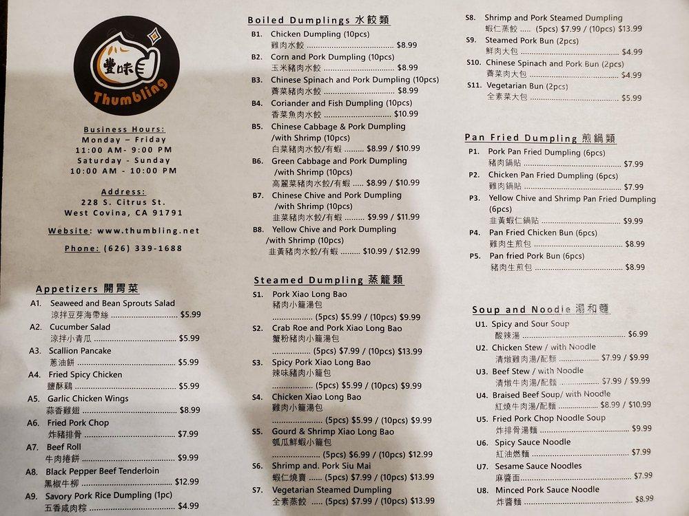 Menu at Thumbling restaurant, West Covina