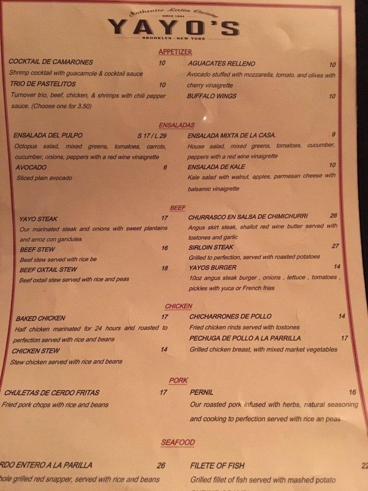 Menu at Yayo's pub & bar, New York City