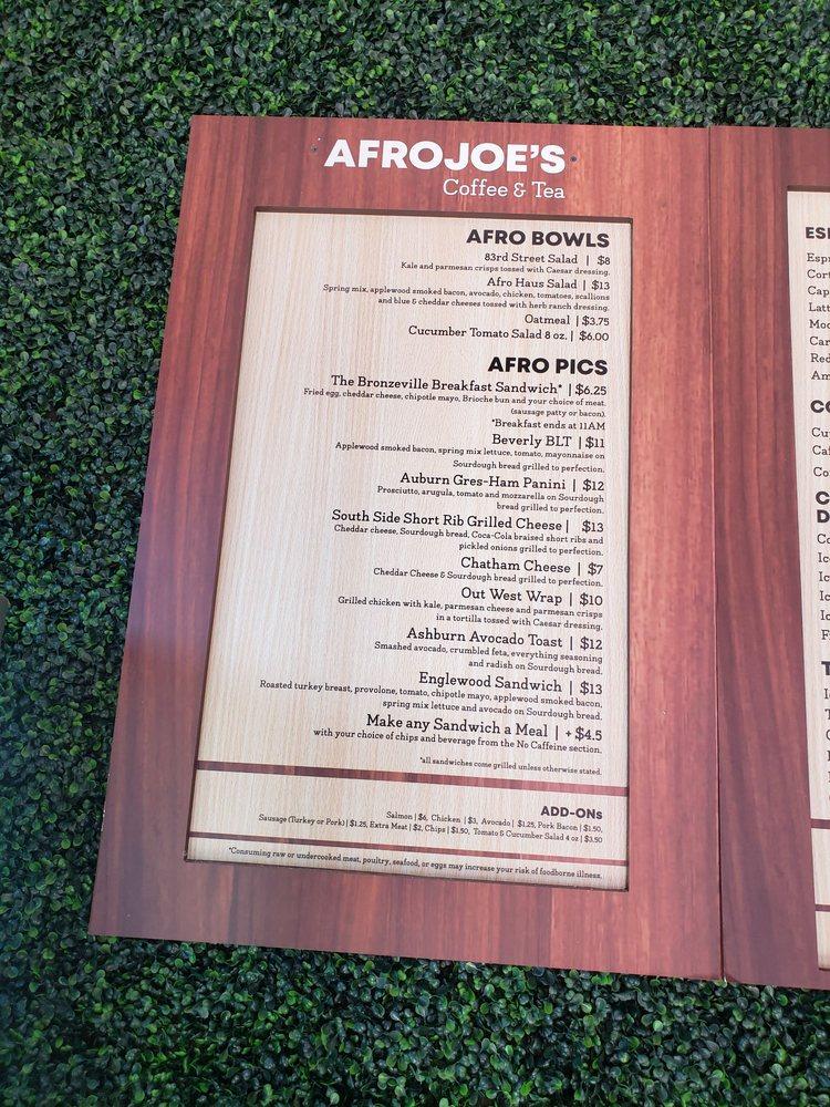 Menu at Afro Joes Coffee & Tea restaurant, Chicago