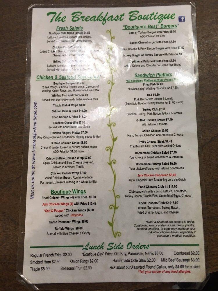 Menu at Breakfast Boutique restaurant, Philadelphia, N Broad St