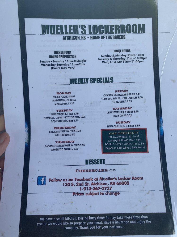 Menu at Mueller's Lockeroom pub & bar, Atchison
