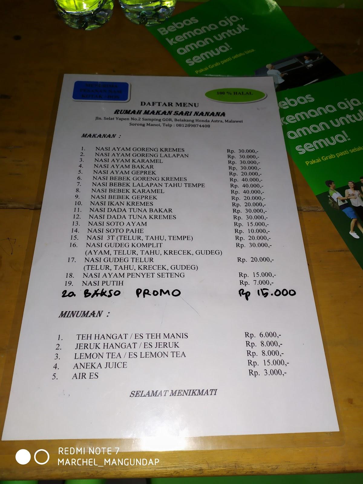 Menu at Rumah Makan Sari Nanana restaurant, Sorong