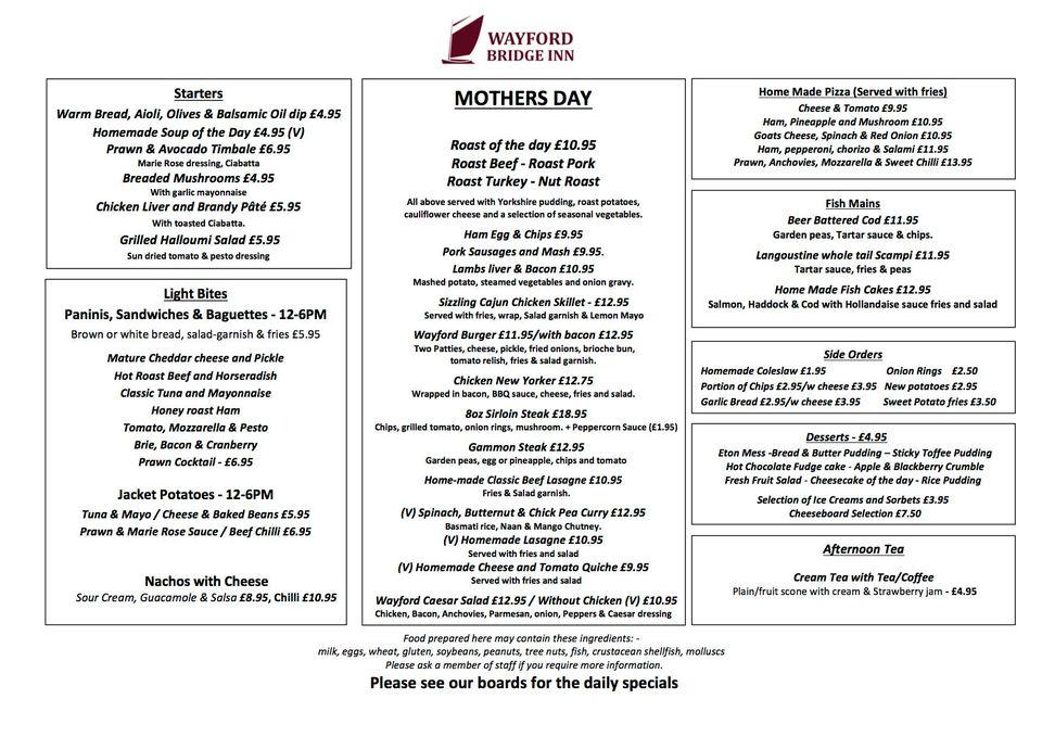 Menu at Wayford Bridge Inn restaurant, Stalham, Wayford Rd