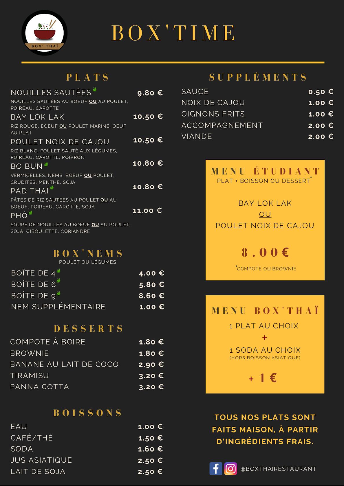 Menu at Box'Thaï x Bangkok restaurant, Amiens