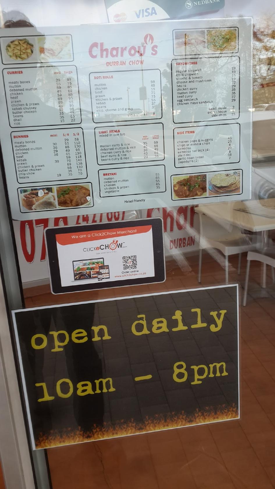 Menu at Charou's Durban Chow restaurant, Kloof