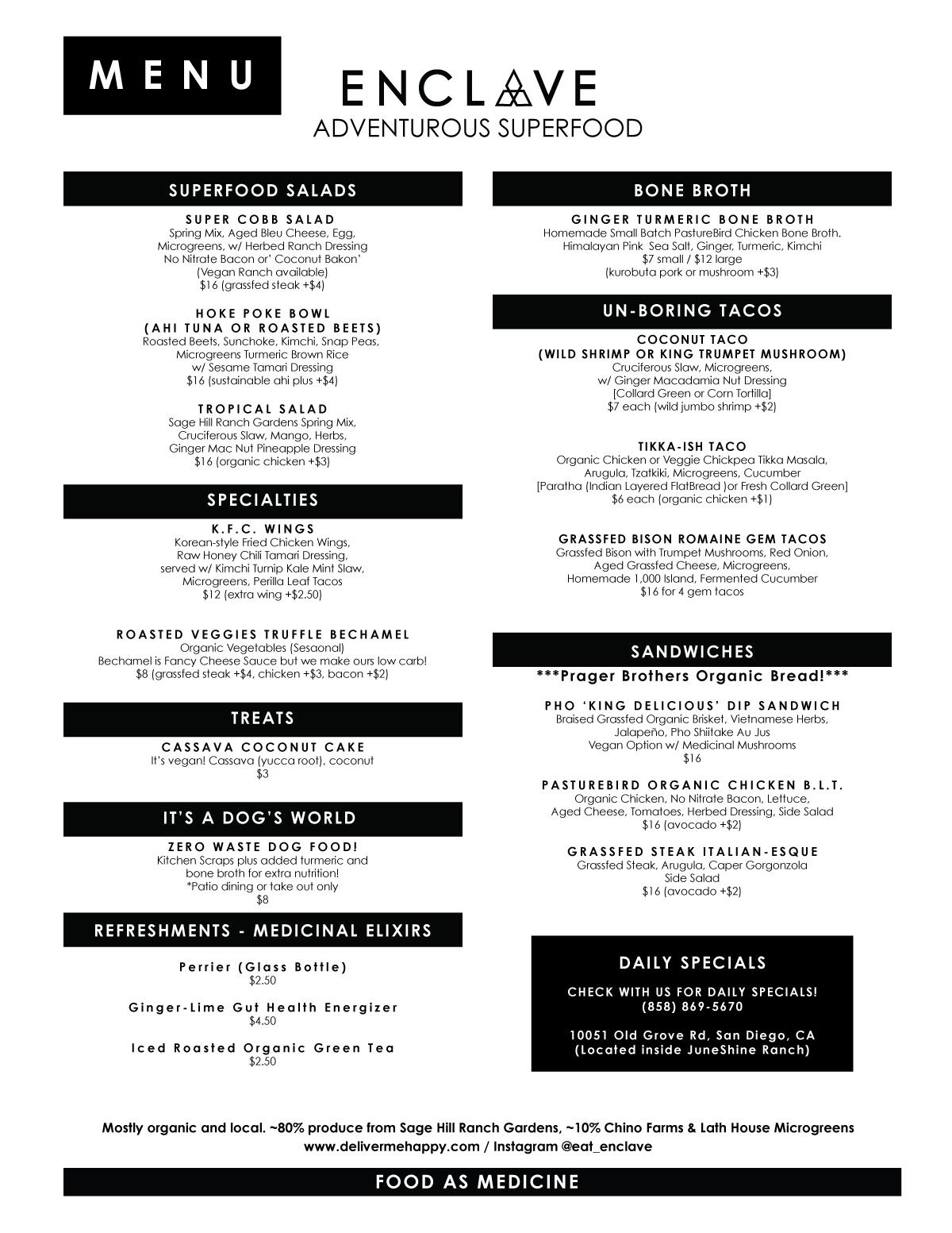 Menu at Enclave Café - Scripps Ranch restaurant, San Diego