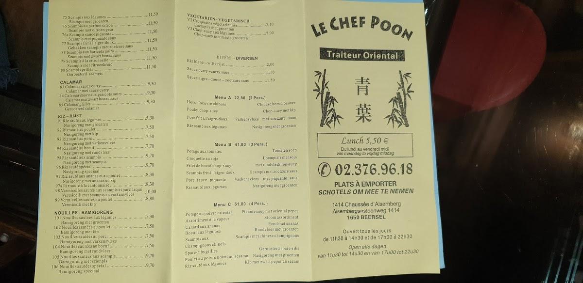Menu at Le Chef Poon, Beersel, Steenweg op Alsemberg 1414