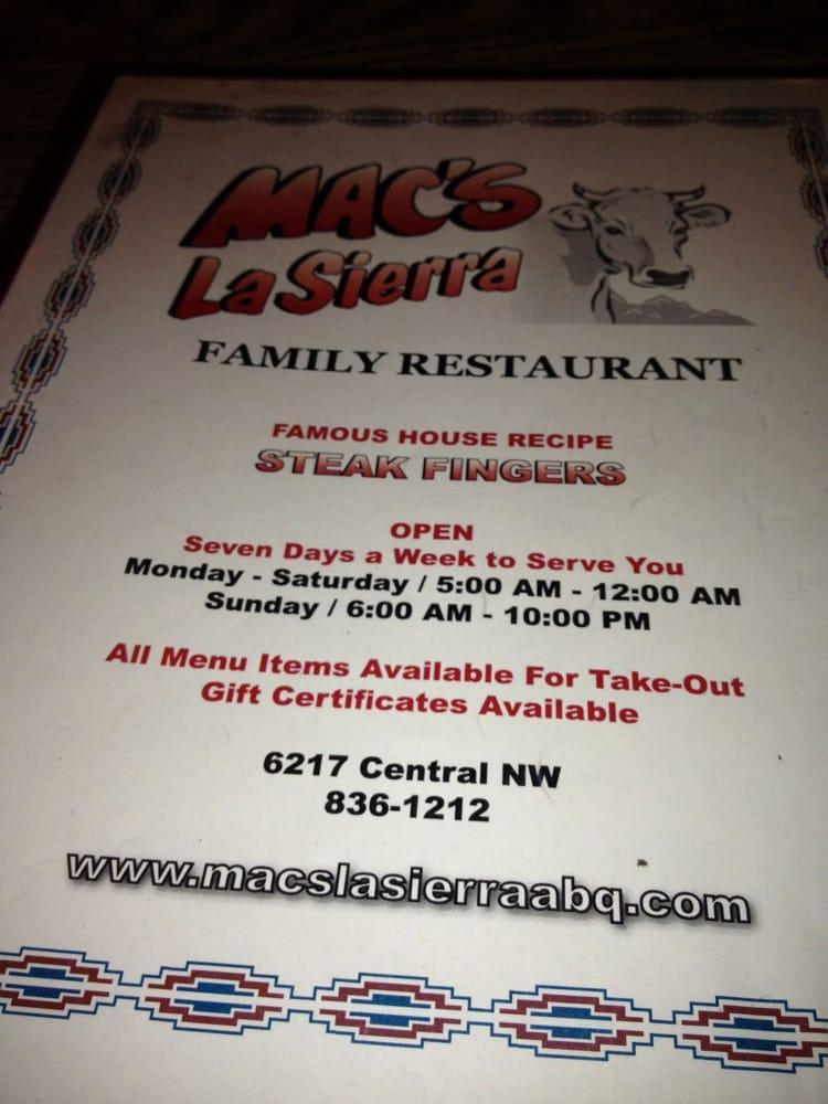 Menu at Mac's La Sierra Coffee Shop steakhouse, Albuquerque, Central Ave NW