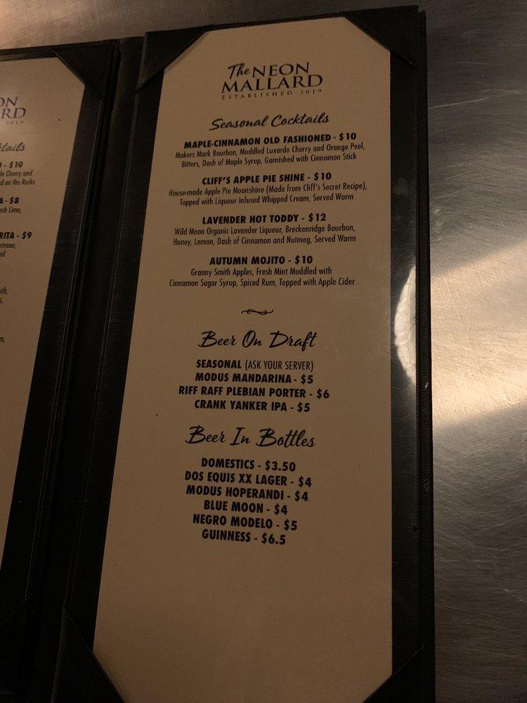 Menu at Neon Mallard pub & bar, Pagosa Springs