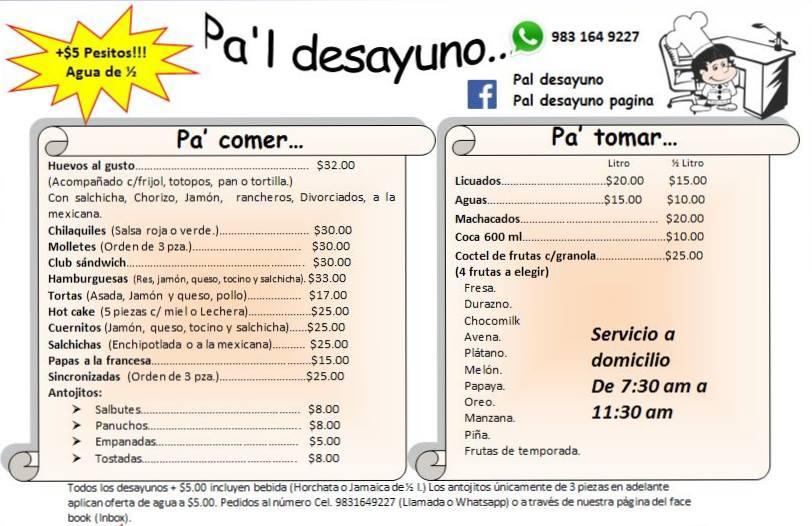 Menu at Pal desayuno restaurant, Chetumal