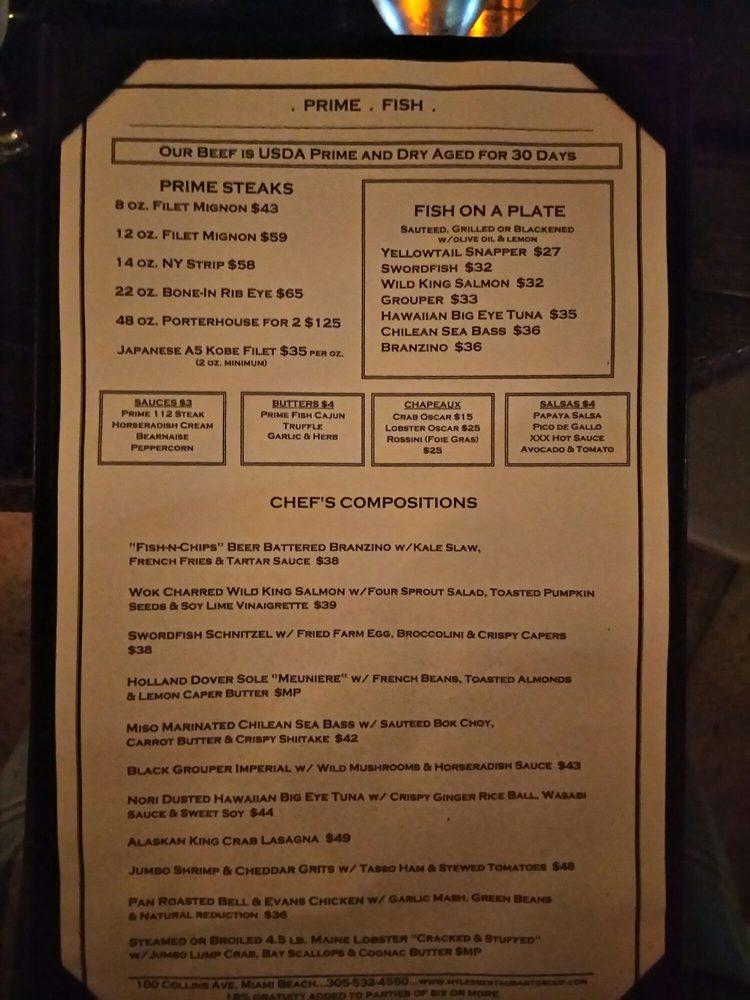 Menu at Prime Fish steakhouse, Miami Beach