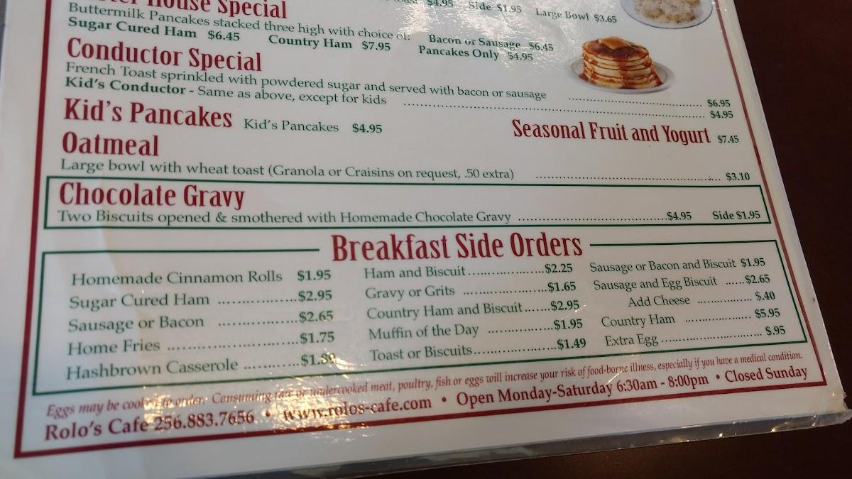 Menu at Rolo's Cafe, Huntsville