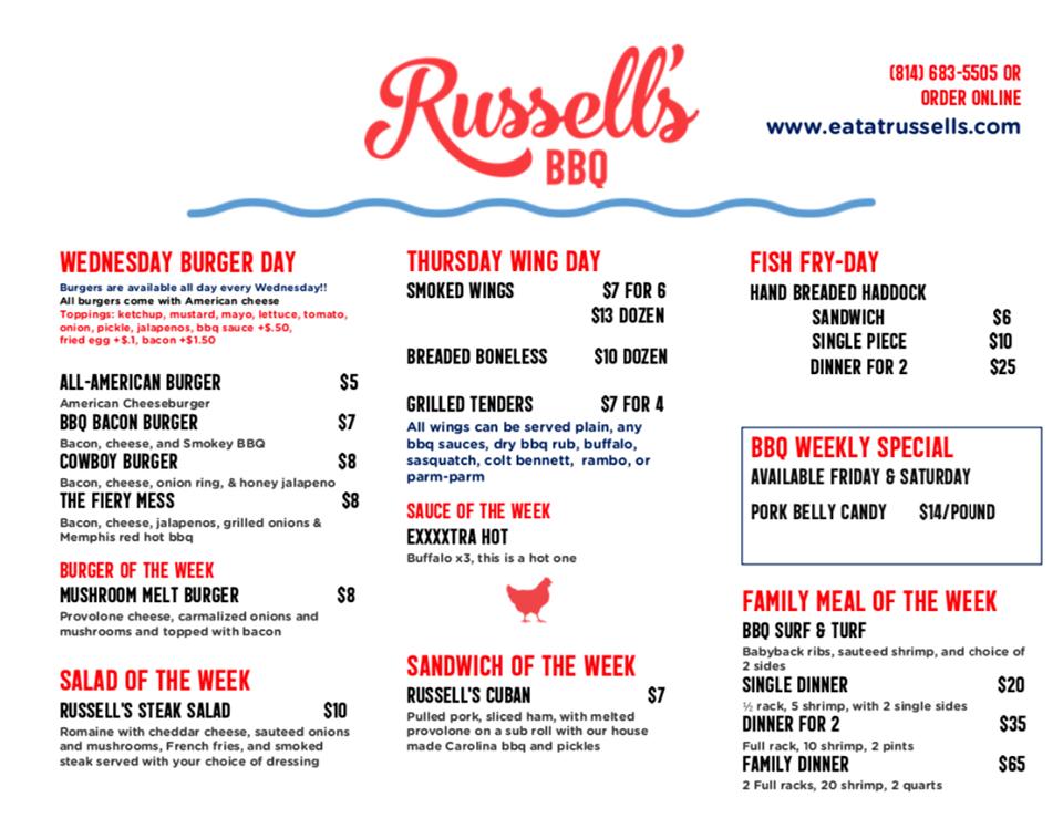 Menu at Russell's BBQ, Pymatuning Central