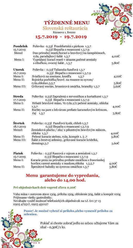 Carta del restaurante Slovenská reštaurácia, Brezno, Rázusova 925