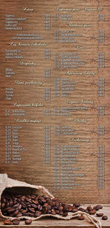 Menu at Squash cafe, Hamuliakovo