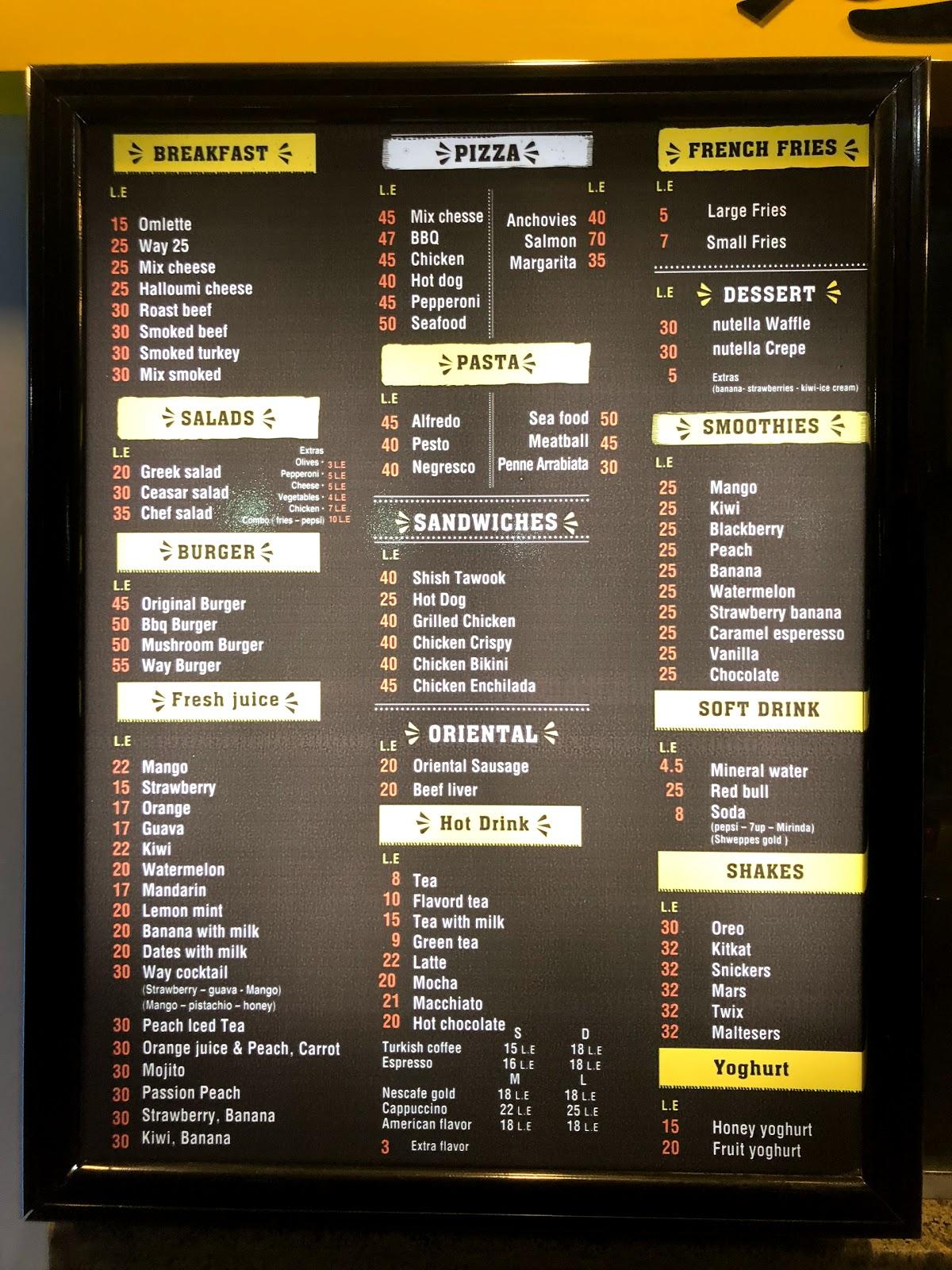 Menu at Way restaurant, New Cairo City