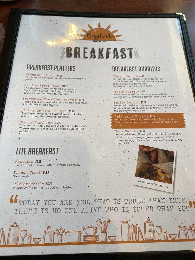 Menu at Brightside Cafe, Sioux City