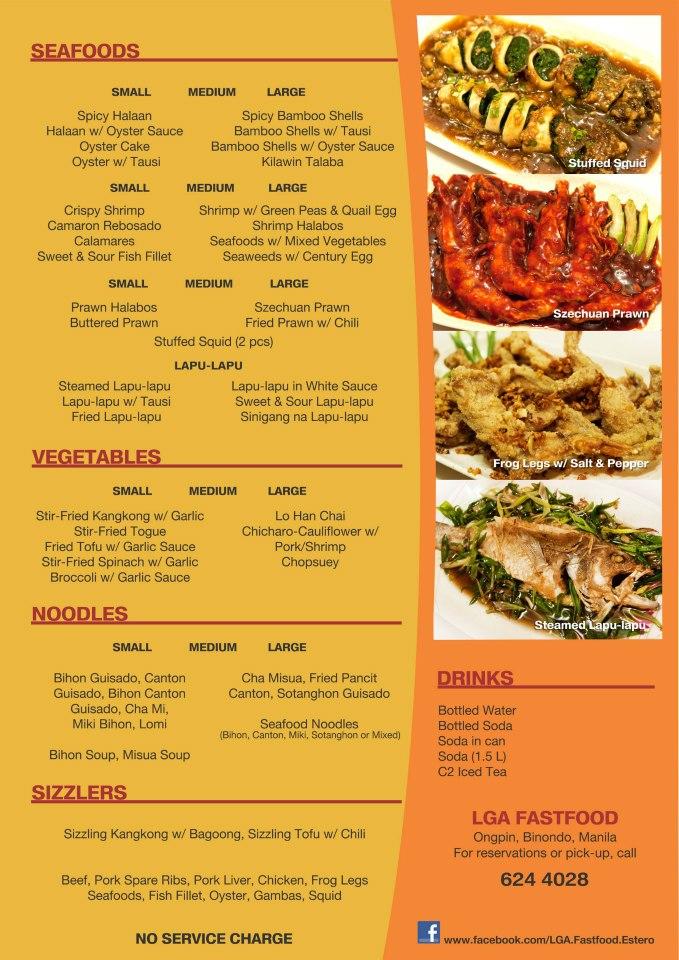 Menu at LGA Fastfood restaurant, Manila