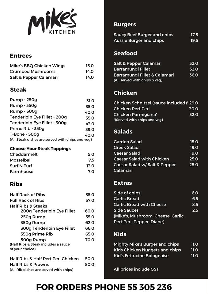 Menu at Mike's Kitchen steakhouse, Merrimac