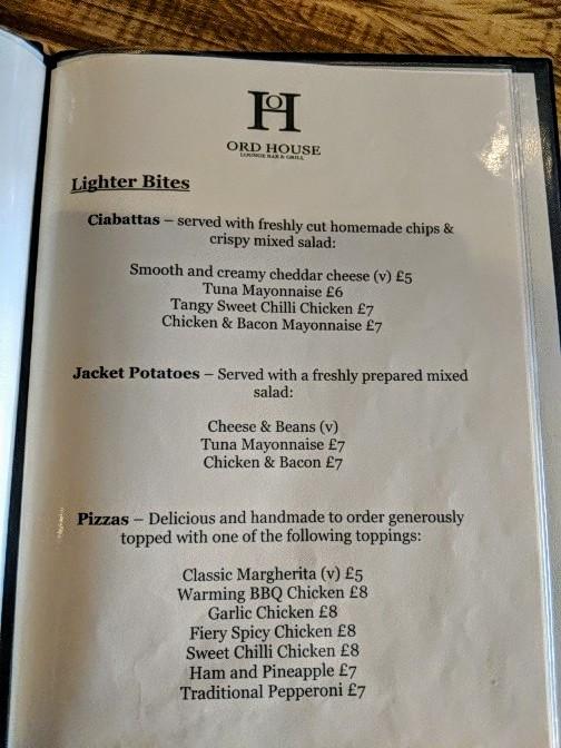 Menu at Ord House Lounge Bar & Grill, Berwick-upon-Tweed