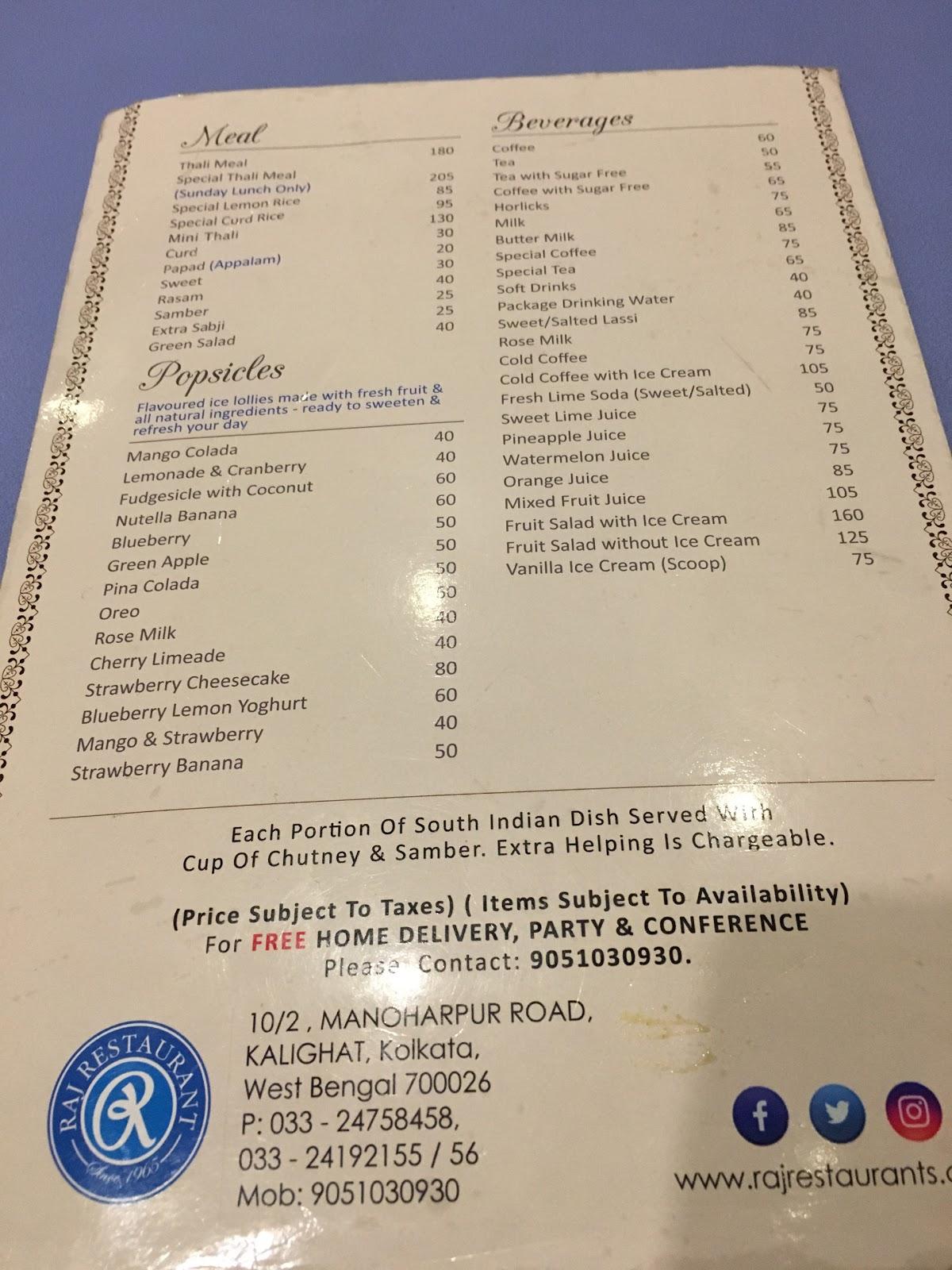 Menu at Raj Restaurant, Kolkata, 10/2