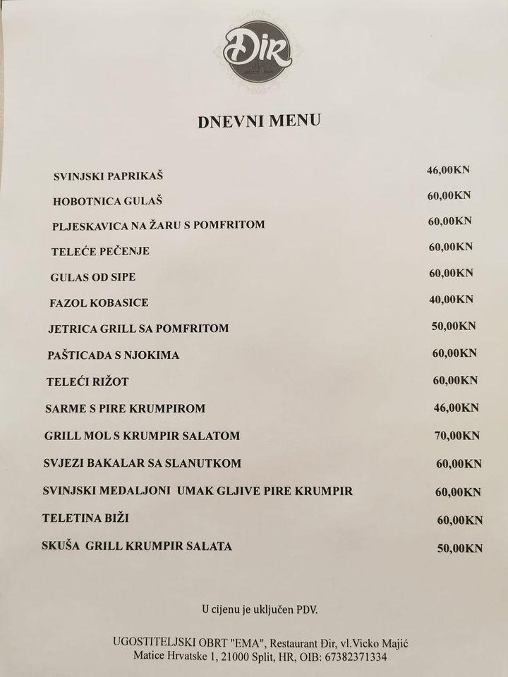Menu at Restaurant Pizzeria Dir, Split