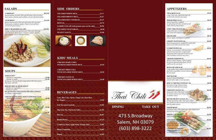 Menu at Thai Chili restaurant, Salem