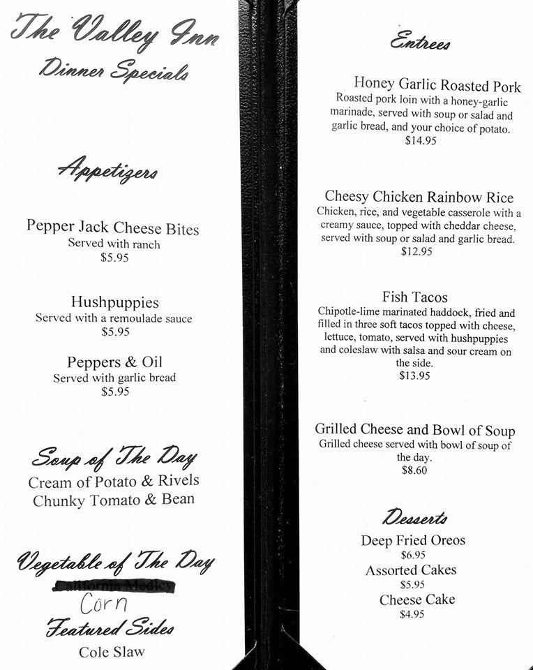 Menu at Valley Inn pub & bar, Williamsport