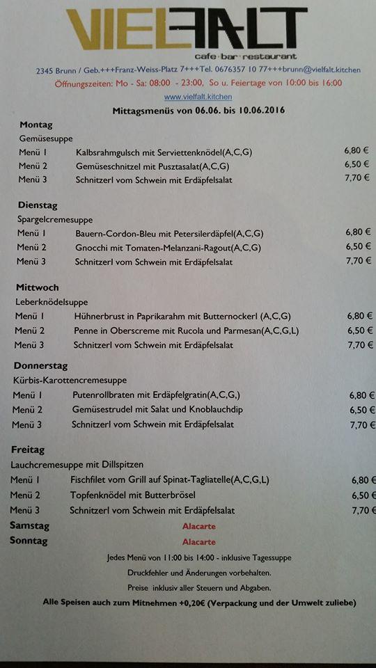 Menu at Vielfalt restaurant, Brunn am Gebirge, Adolf Hruza Straße